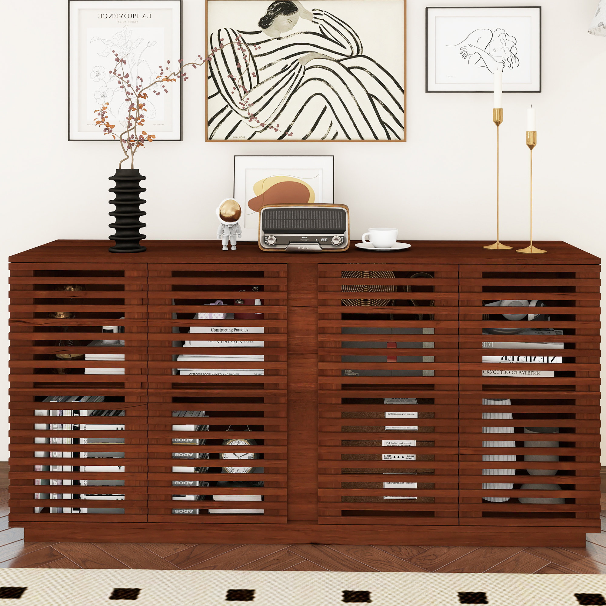 Gracie Oaks 60?farmhouse Sideboard Cabinet With 4 Fluted Slatted Doors ...