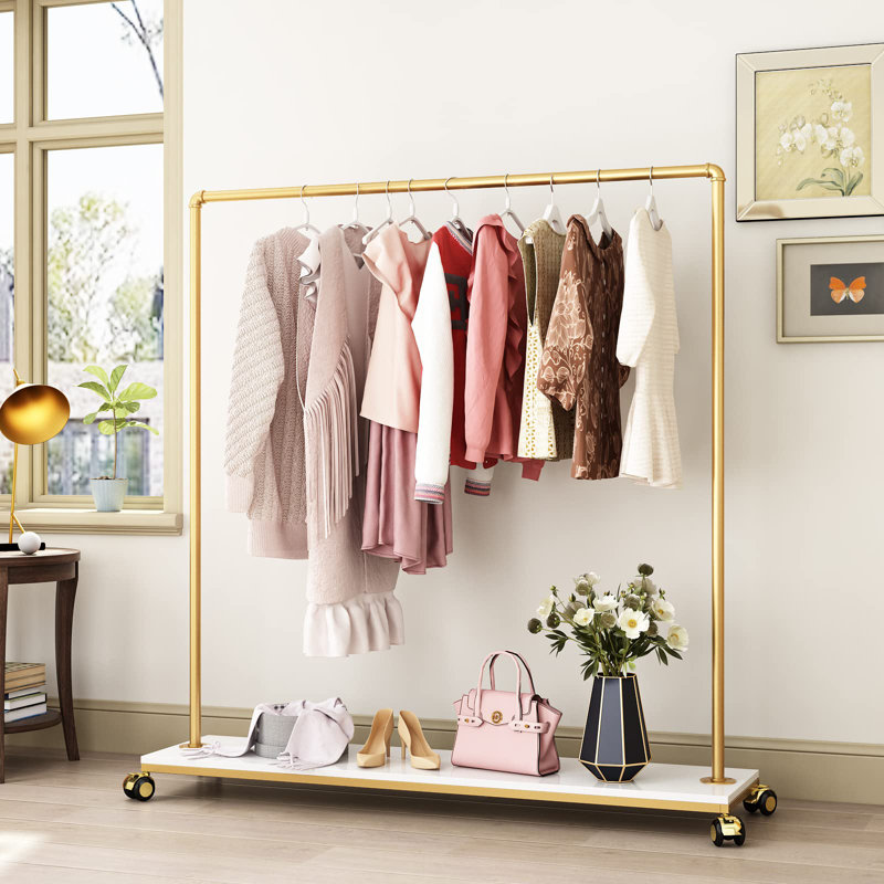 XMVJHOME Gold Metal Clothing Rack With Wood Shelf, Rolling Garment Rack ...