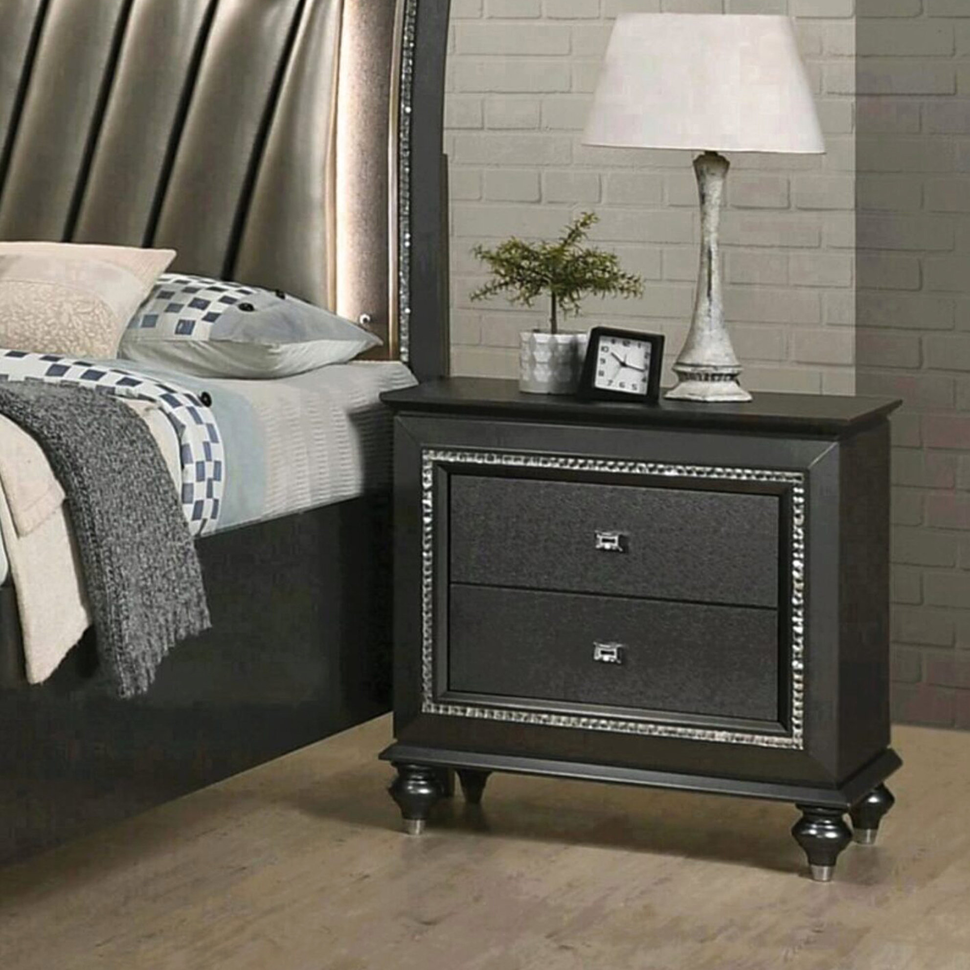 Mercer41 Bedroom Nightstand - Metallic Grey Solid Rubberwood 2 Drawers ...