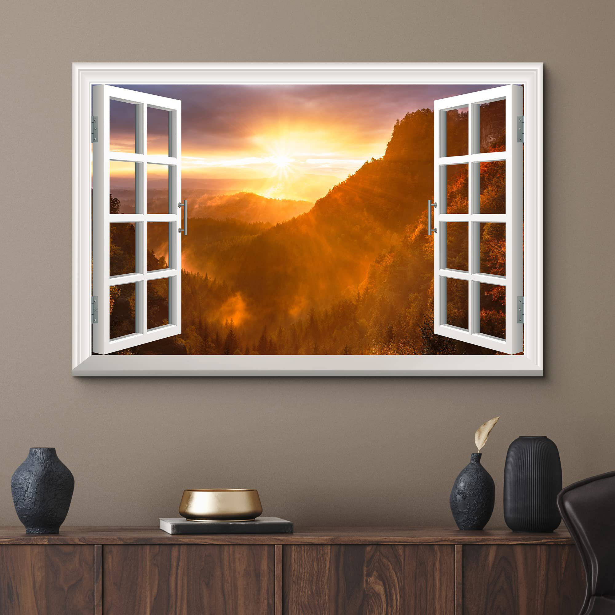 IDEA4WALL Window Scenery " Window View Of Sunset Over Misty Valley ...