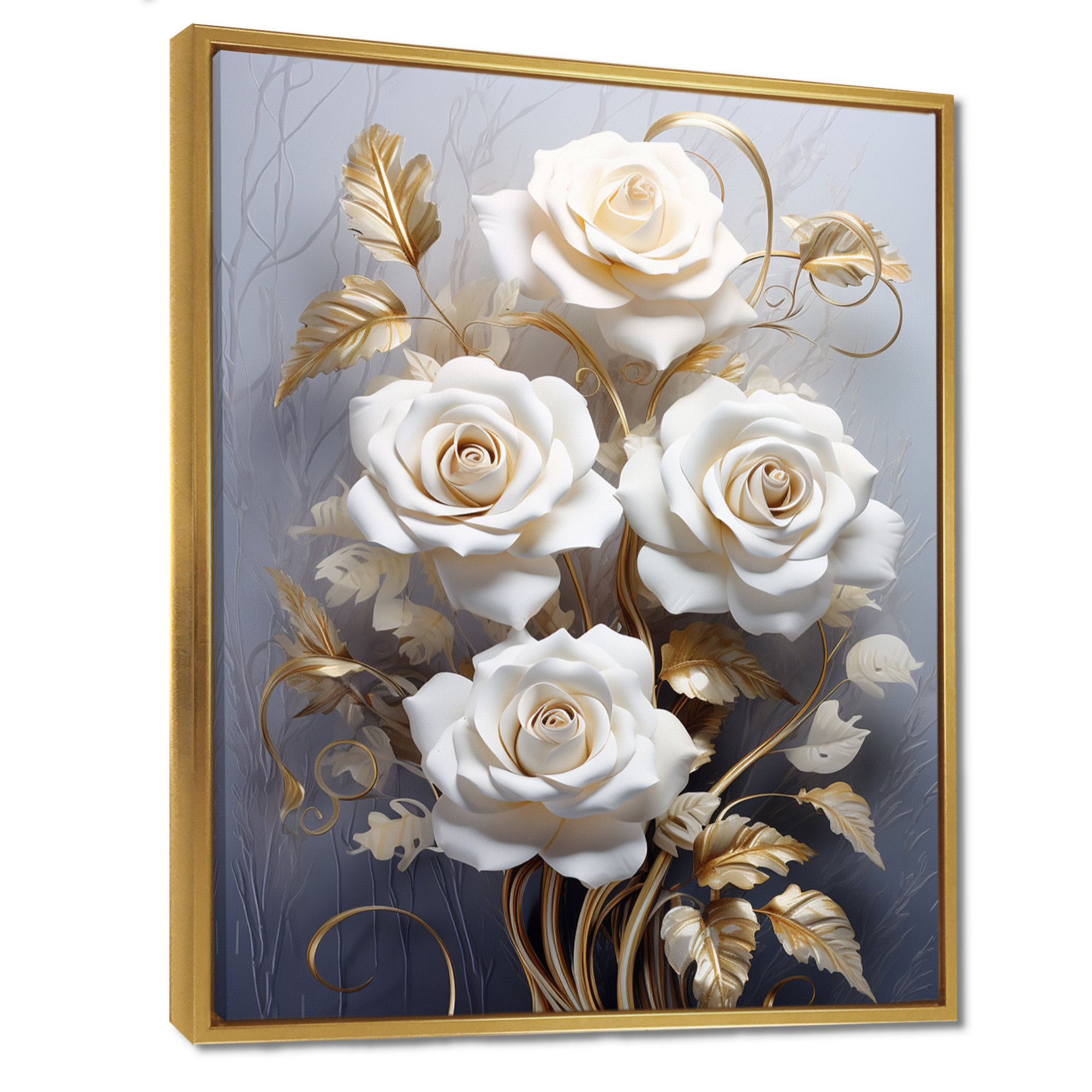Mercer41 White Rose Golden Leaves On Gray I - Roses Wall Art Print ...