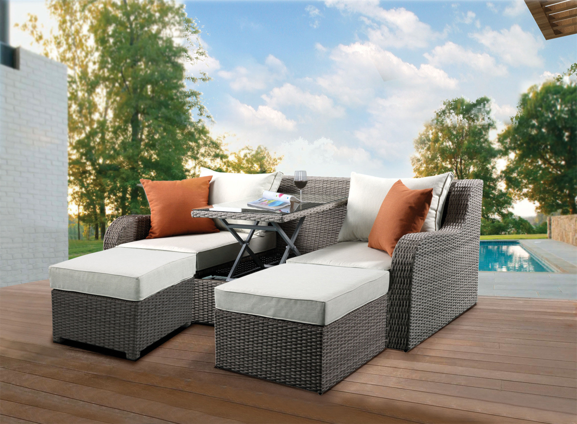 Latitude Run® Salena Beige Fabric & Gray Wicker Patio Sofa W/2 Pillows & 2 Ottomans | Wayfair