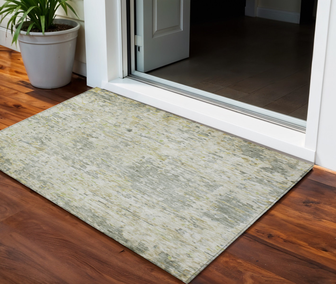 HomeRoots Tapis extérieur lavable abstrait gris anthracite et ivoire 3 pi x 5 pi - Wayfair Canada
