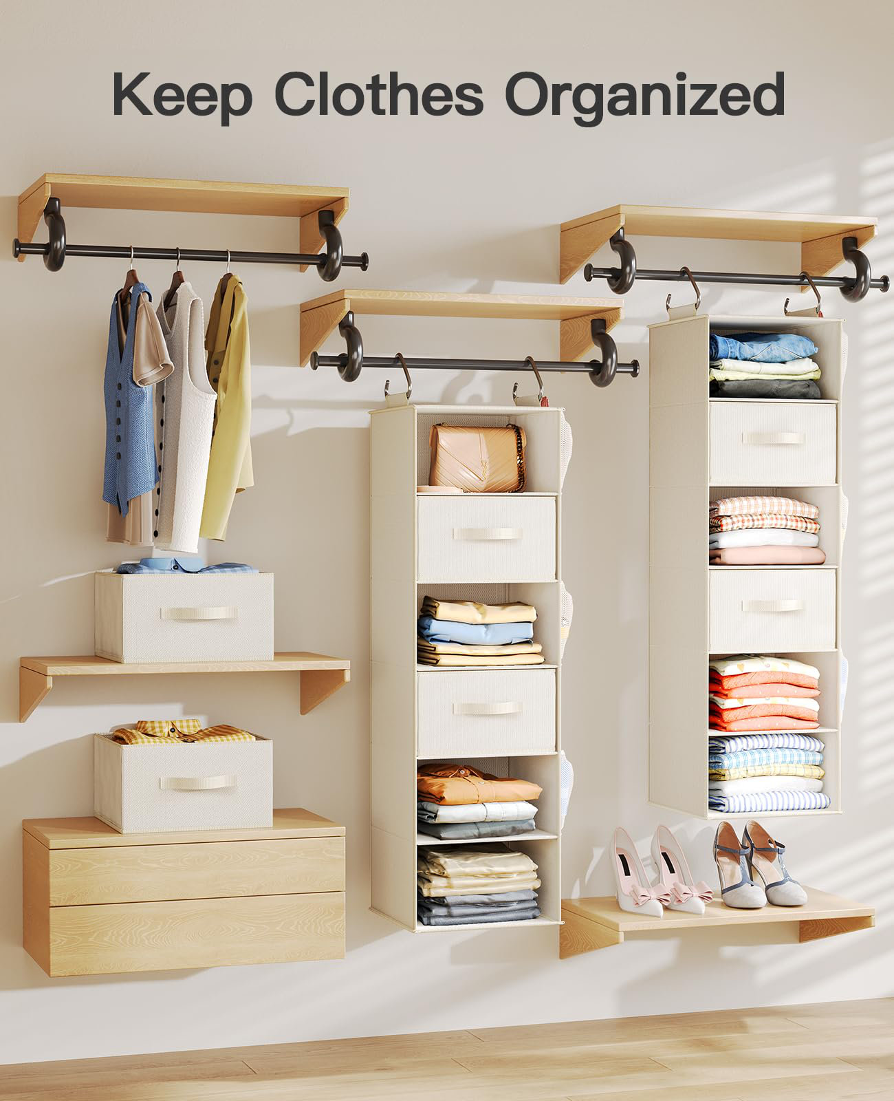 Rebrilliant Hanging Shelves For Closet With 3 Removable Drawers & Side ...
