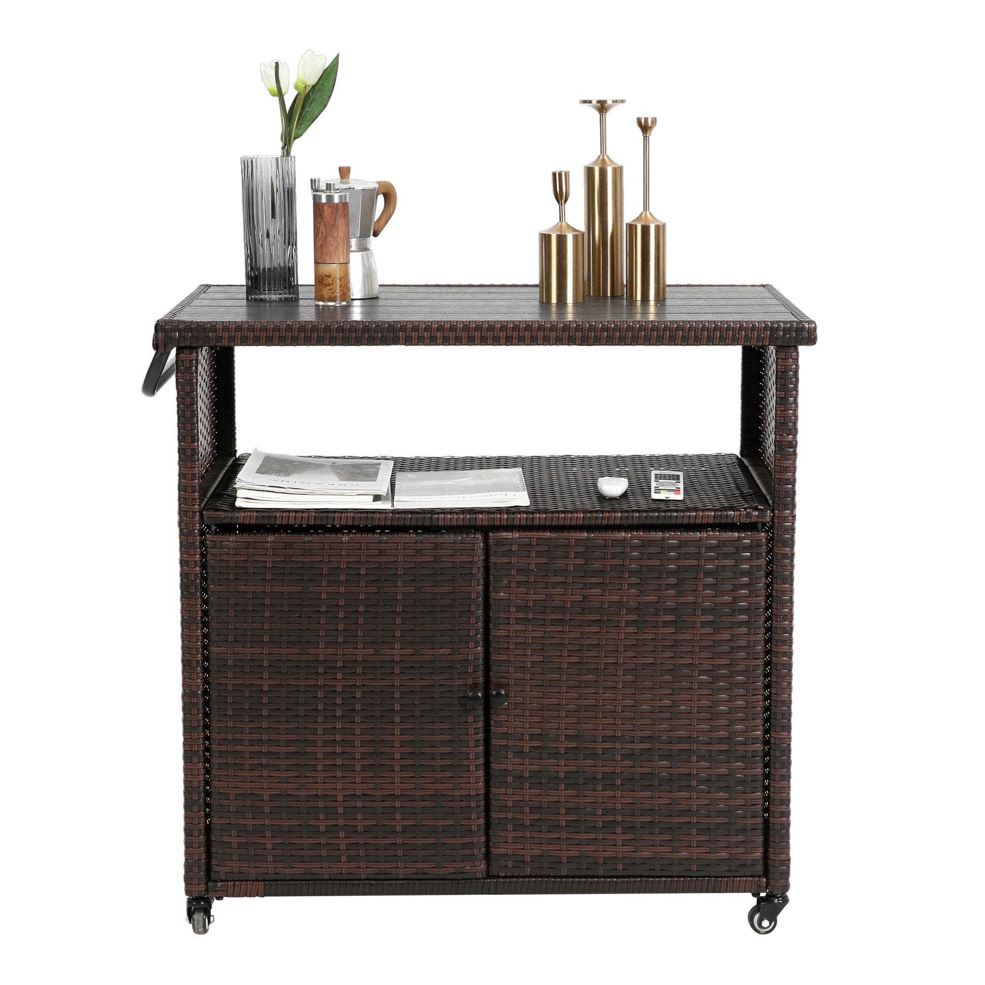 Highland Dunes Outdoor Wicker Bar Cart, Patio Wine Serving Cart W ...