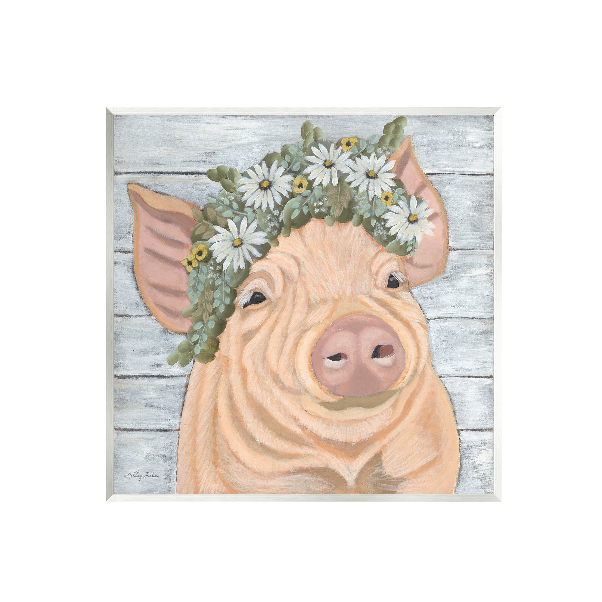 Stupell Industries Happy Pig Daisy Blossom Crown Wall Plaque Art By ...