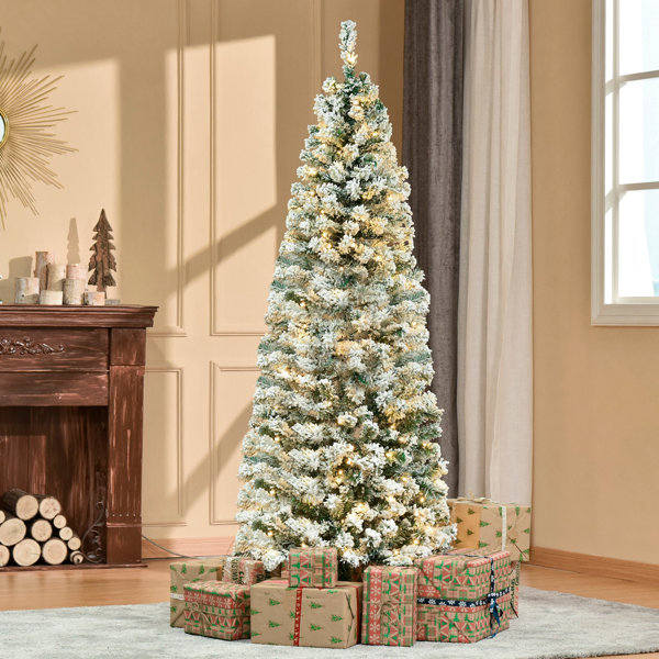 The Holiday Aisle® 6Ft Pre-Lit Snow-Flocked Slim Douglas Fir Artificial ...