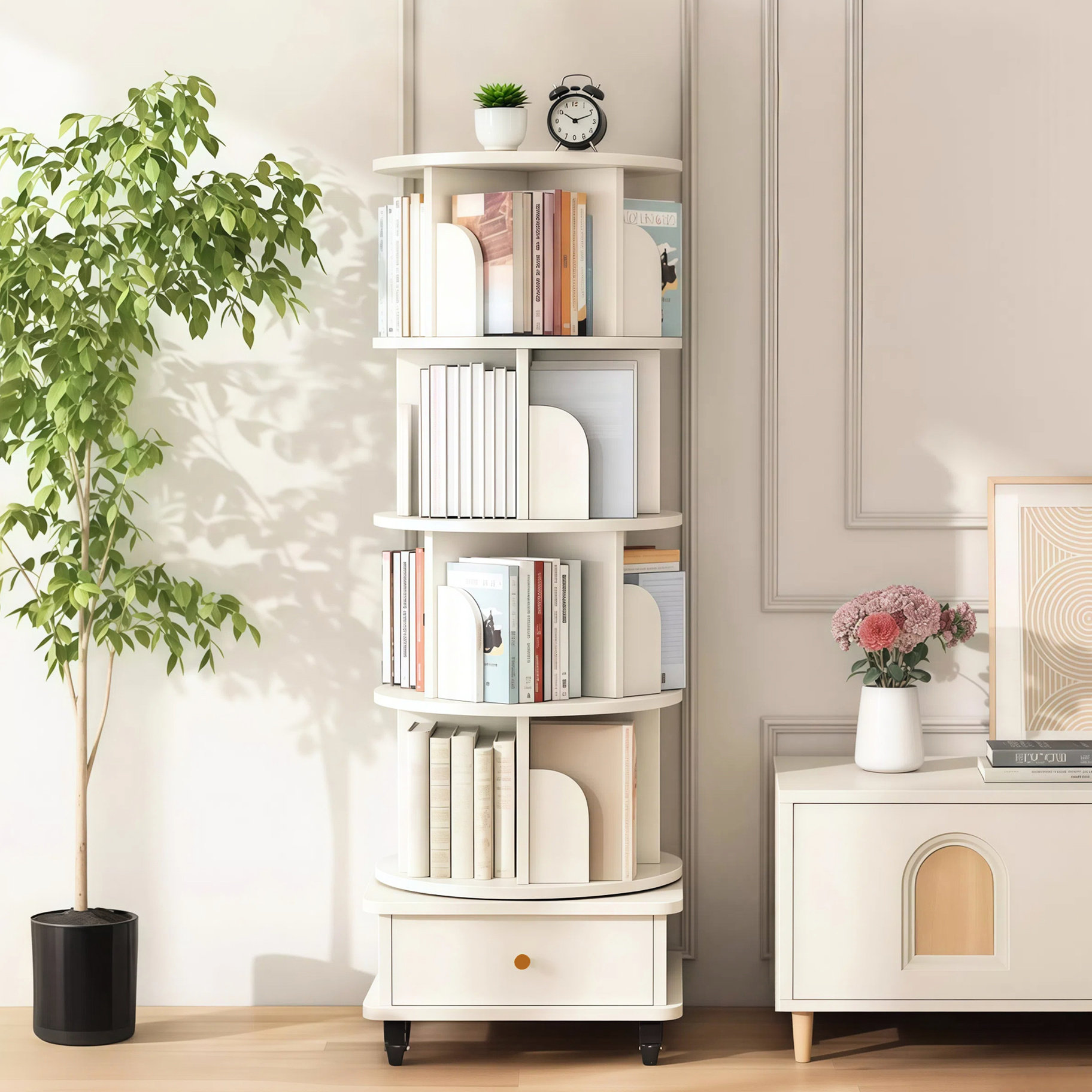 SnugglySolace 5 Tier 360 Rotating Round Spinning Bookshelf With Curved ...