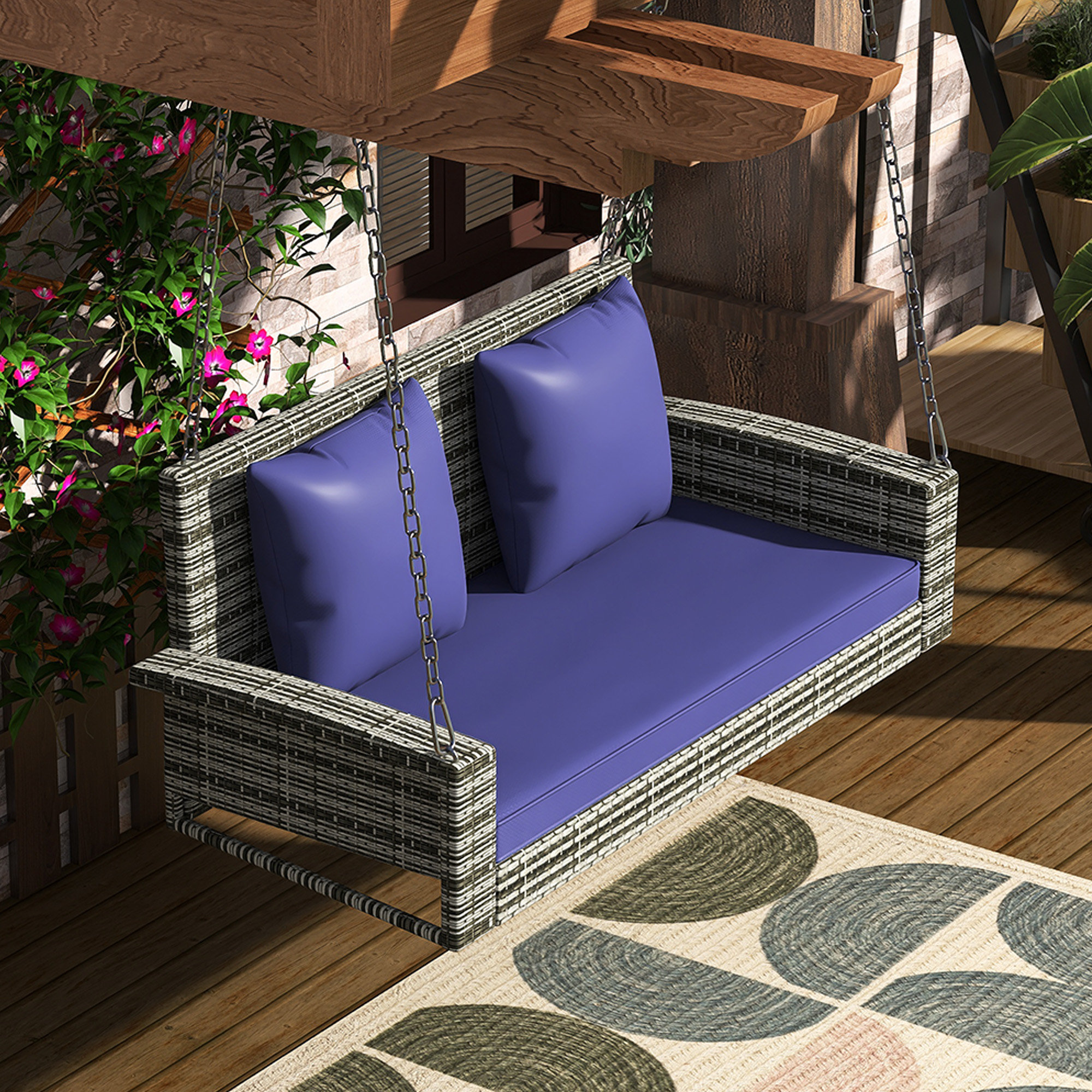 Winston Porter 2-Person Outdoor Wicker Hanging Porch Swing With Cushions And Pillows | Wayfair