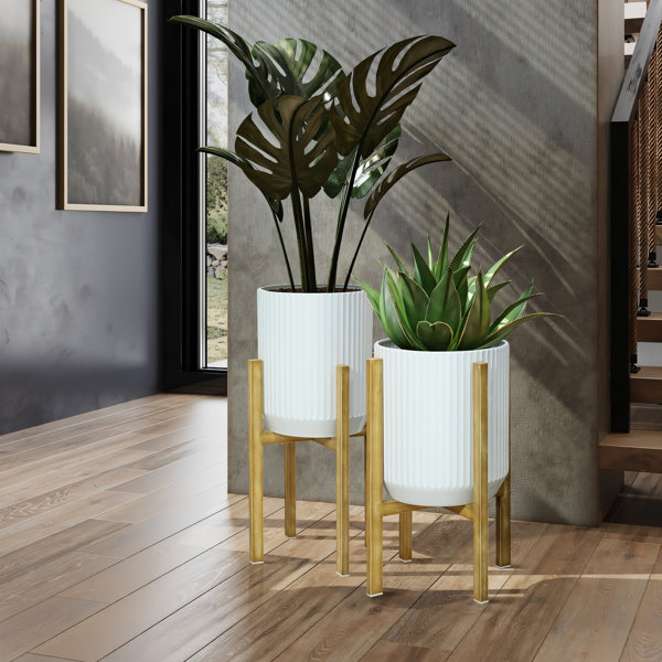 Latitude Run® 2-Piece Handmade White Fluted Round Metal Pot Planters ...