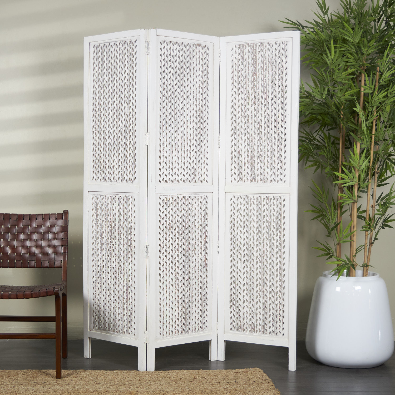 Dovecove Cole And Grey Mango Wood Cutout 3 Panel Geometric Room Divider ...