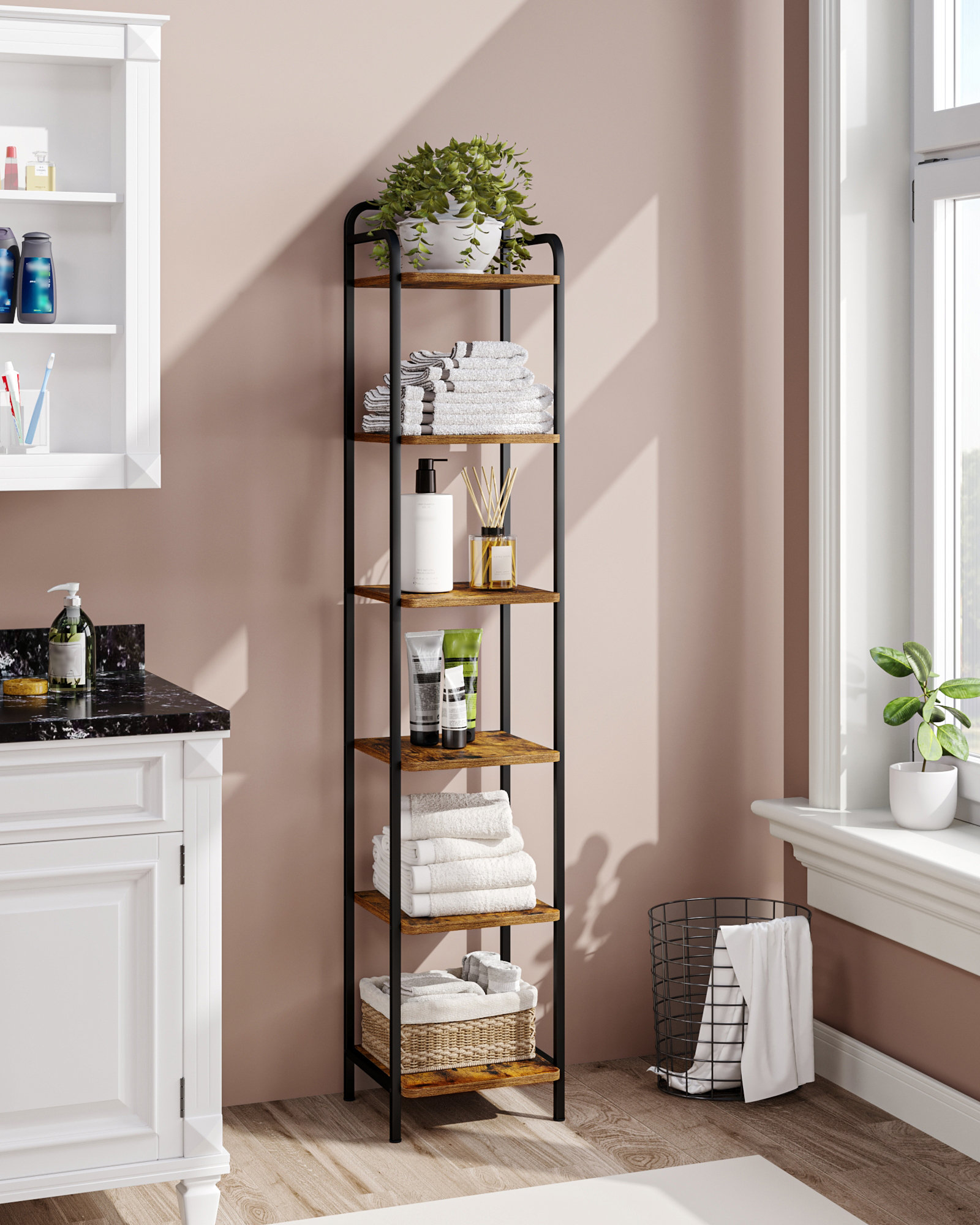 17 Stories Bookcase Bookshelf, Narrow Book Shelf, Industrial Corner ...