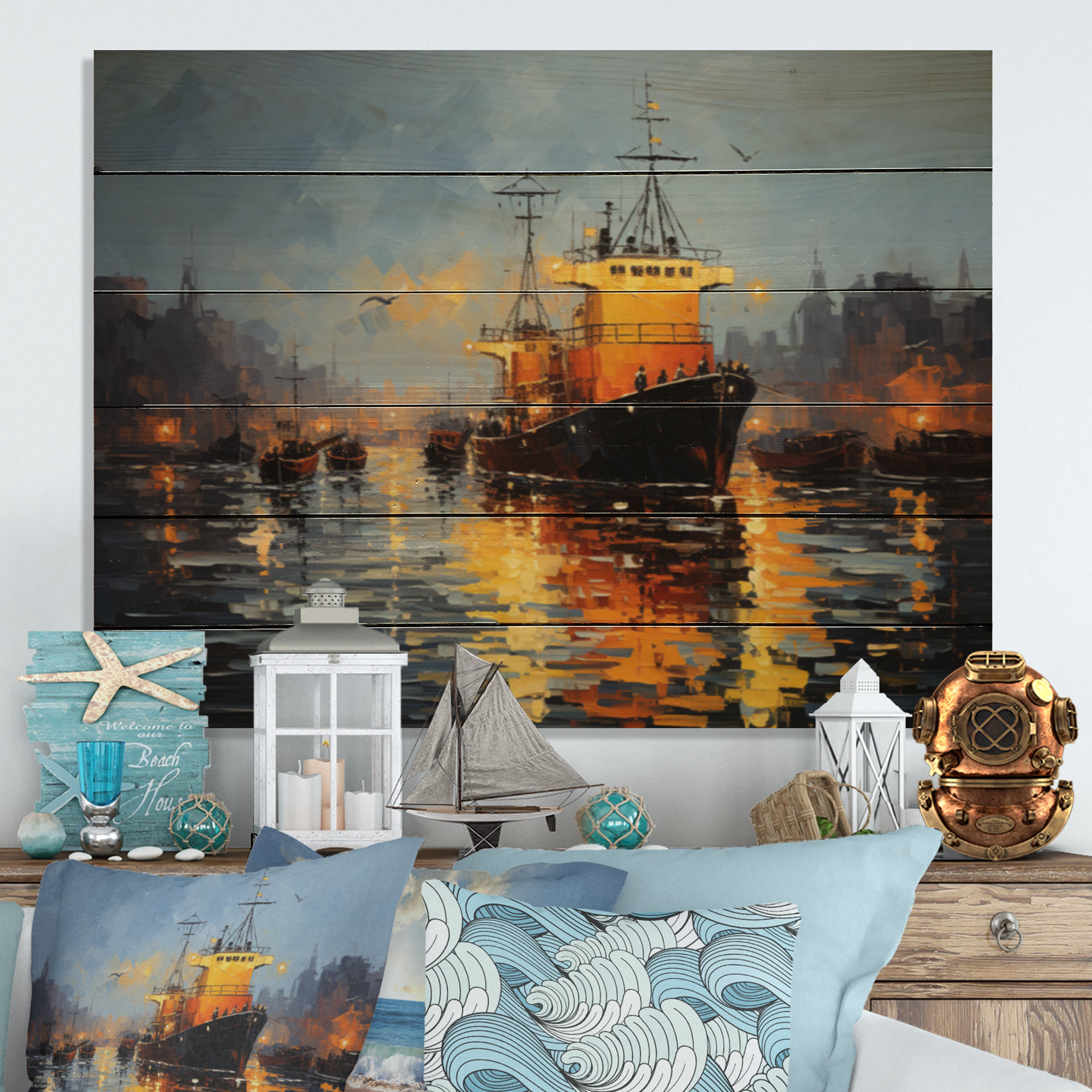 Longshore Tides Port Harbour Symphony Pointillism On Wood Print ...