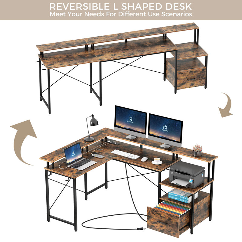 Inbox Zero Kurtiss 68" L Shaped Computer Desk with File Drawer with ...