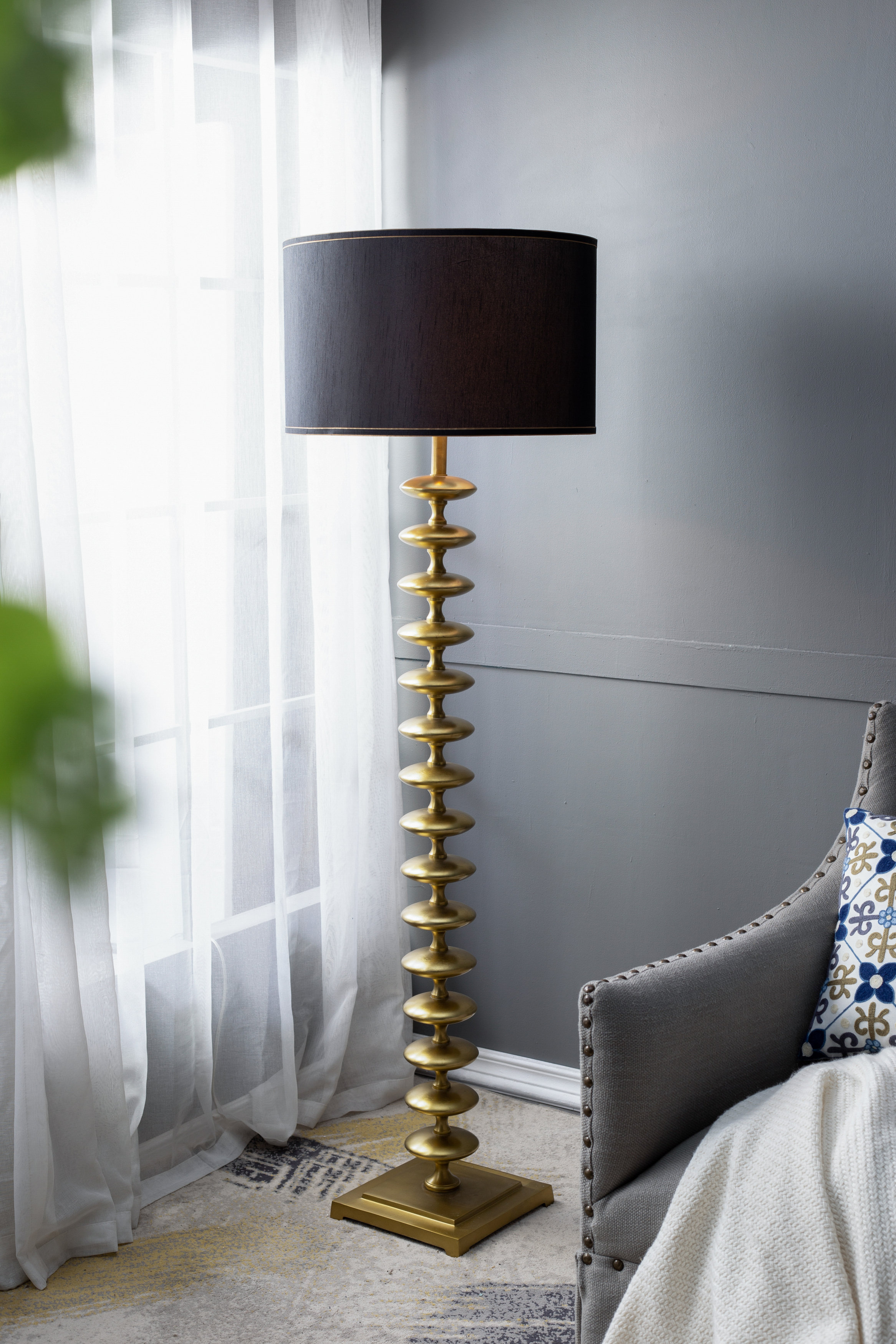 Rosdorf Park Gold and Black Floor Lamp with Contemporary Disc Design ...