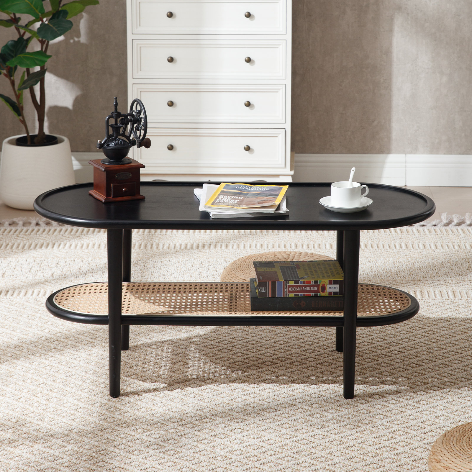 Bay Isle Home™ Arzate Solid Wood Oval Coffee Table with Rattan Shelf ...