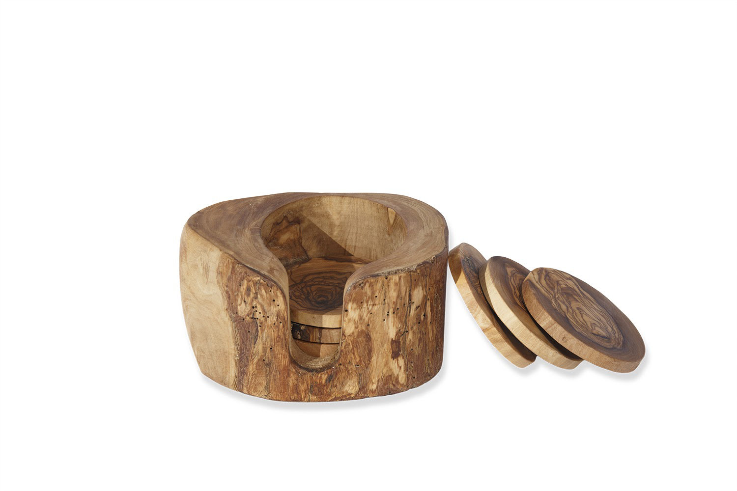 KAMSAH Kitchenware Handcrafted Olive Wood Coaster Set with Holder ...