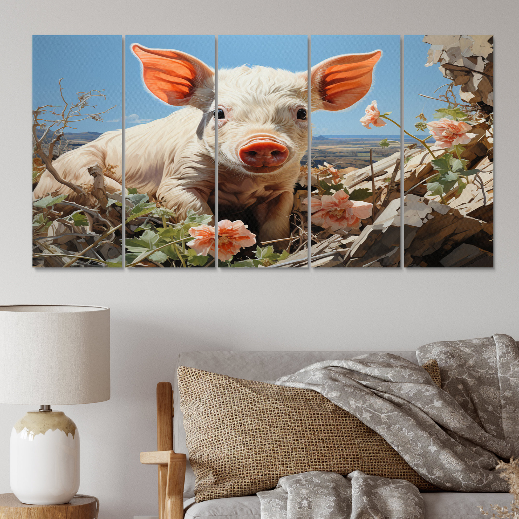 Gracie Oaks Pink Curious Piglet Pastoral - 5 Piece Wrapped Canvas Print ...