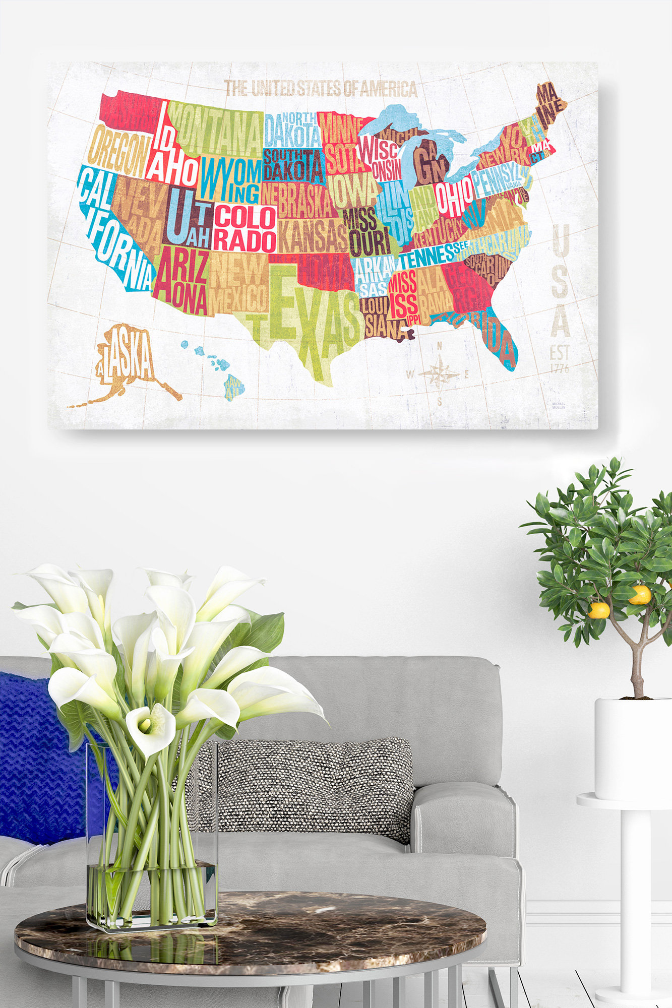 Canora Grey map U.S. Map Graphic States In Text, Red, Blue, Green, Tan ...