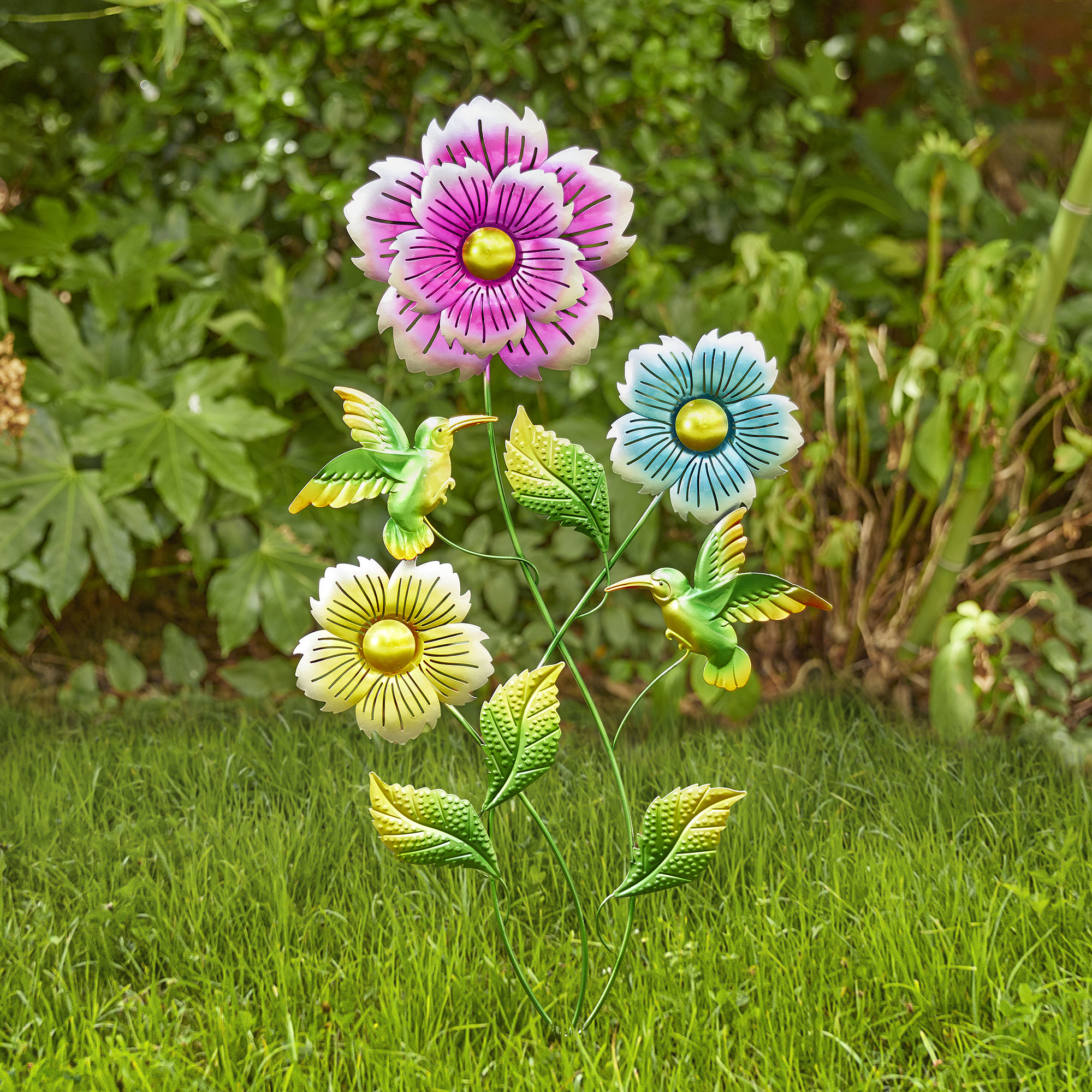 Red Barrel Studio® 34"H Garden Flower And Hummingbird Garden Stake ...