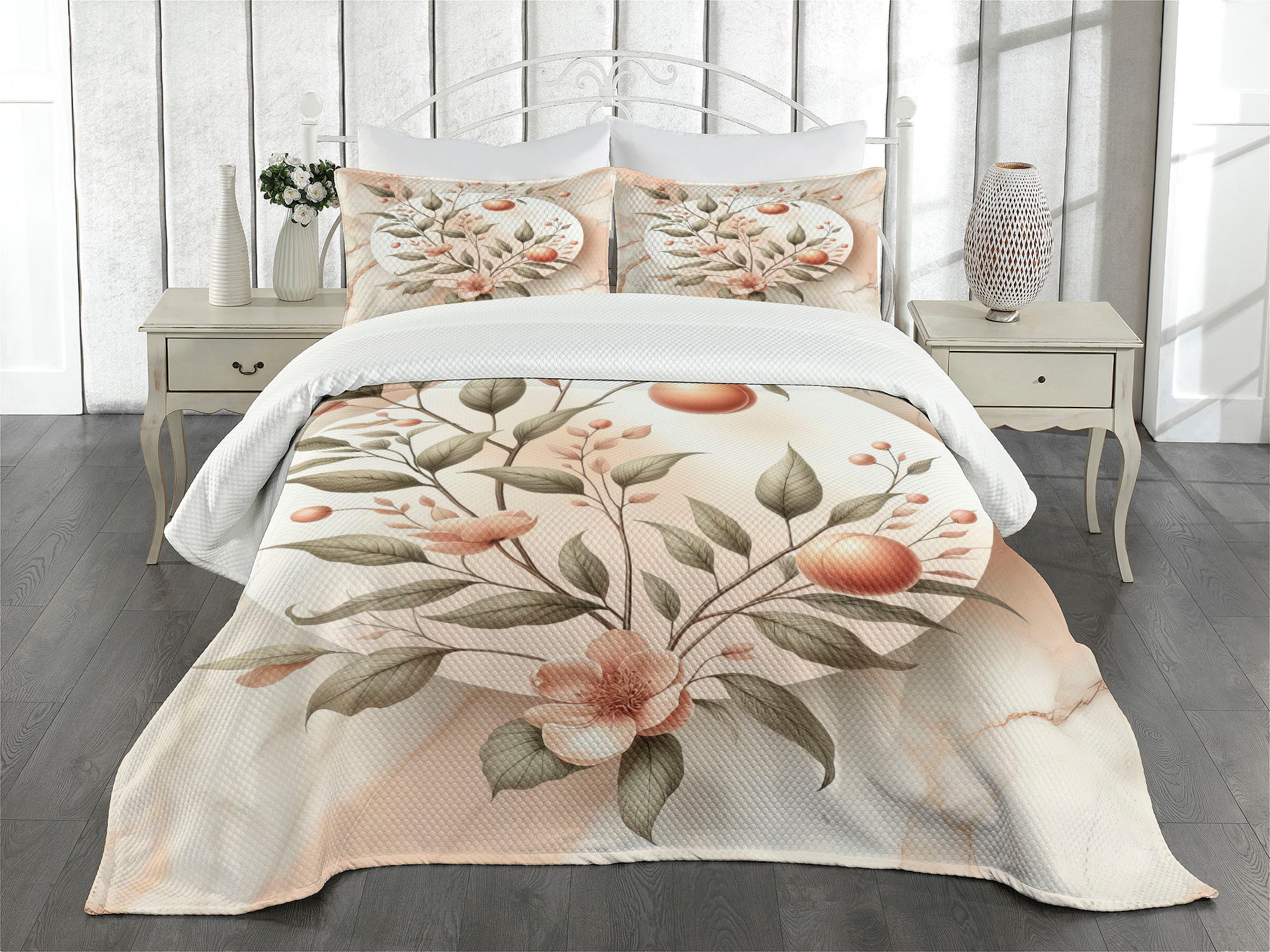 Ambesonne Peach Bedspread Set 3 Pcs Orchard Branch Marble Print Slate ...