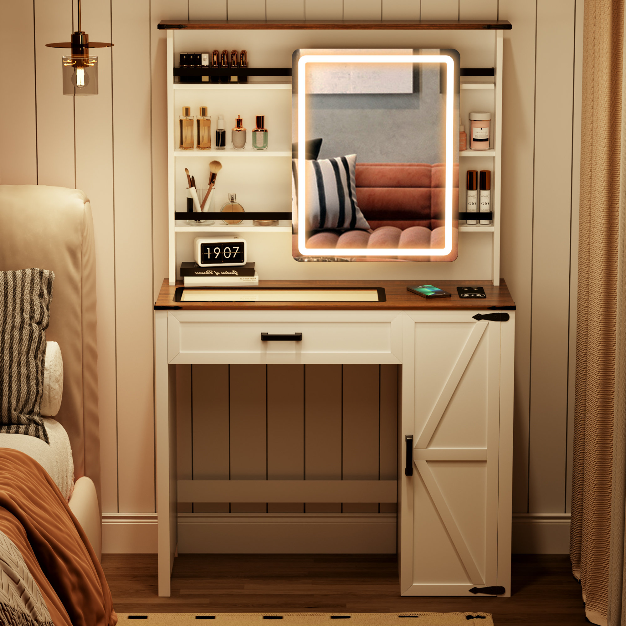 Gracie Oaks Analey Makeup Vanity Table with LED Light and USB Port ...