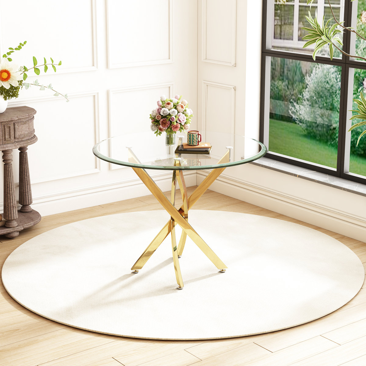Mercer41 Lakeicha Round 36'' Glass Top Metal Base Dining Table ...
