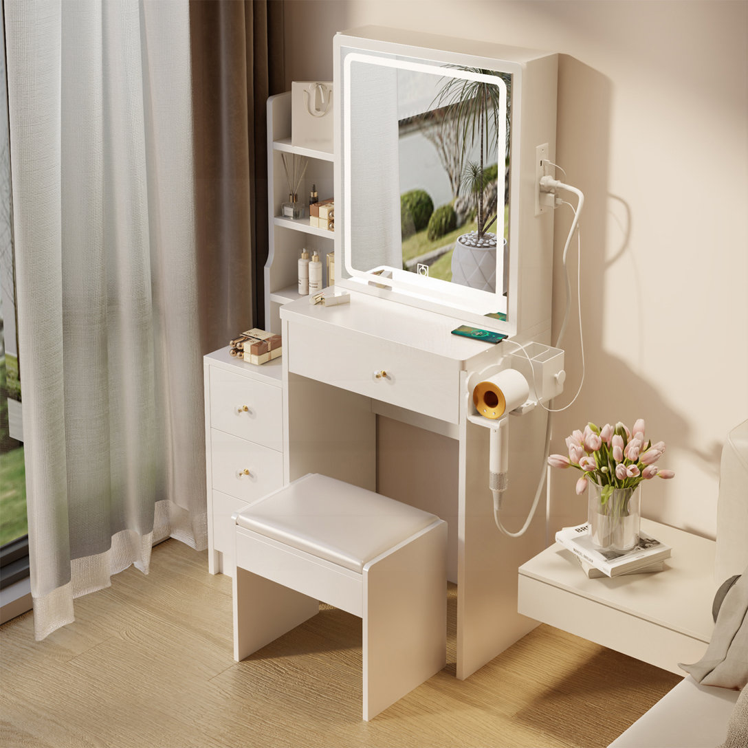 Ivy Bronx Small Space Left Bedside Cabinet Vanity Table + Cushioned ...