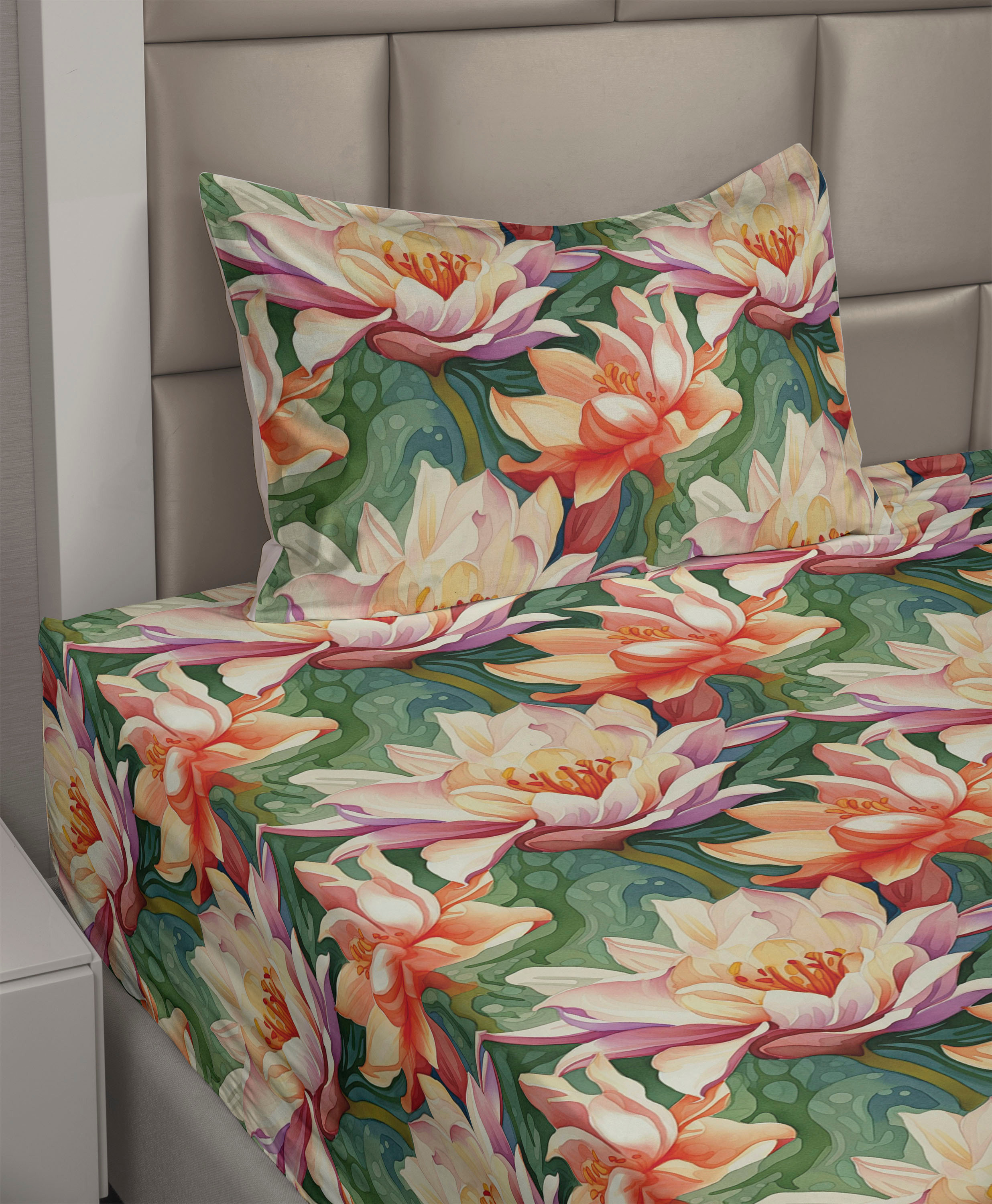 Ambesonne Lotus Flower Sheet Set Water Lily Bloom Art Burnt Sienna and ...