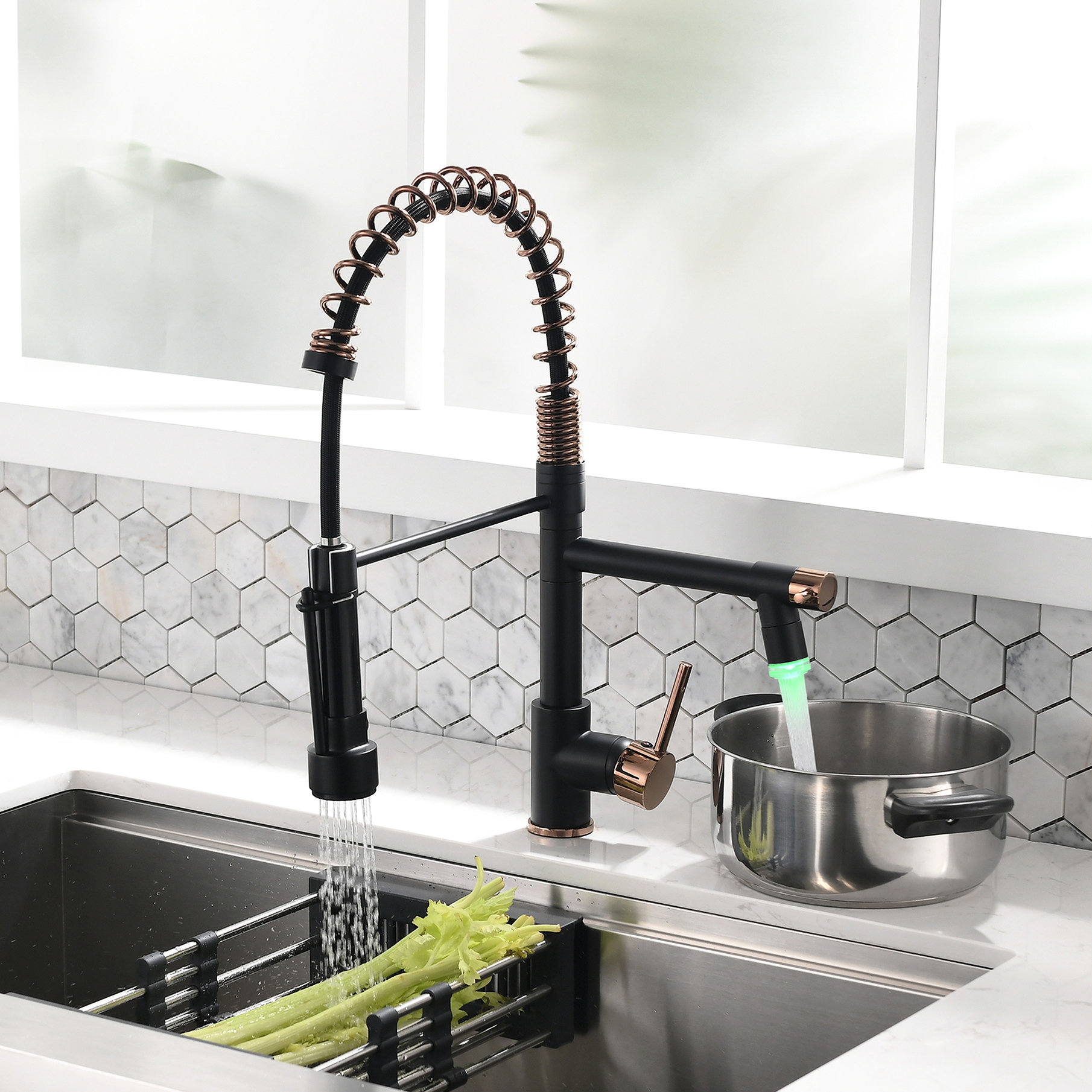 Latitude Run® Kitchen Faucet Pull Down , Black And Rose Gold, Single ...