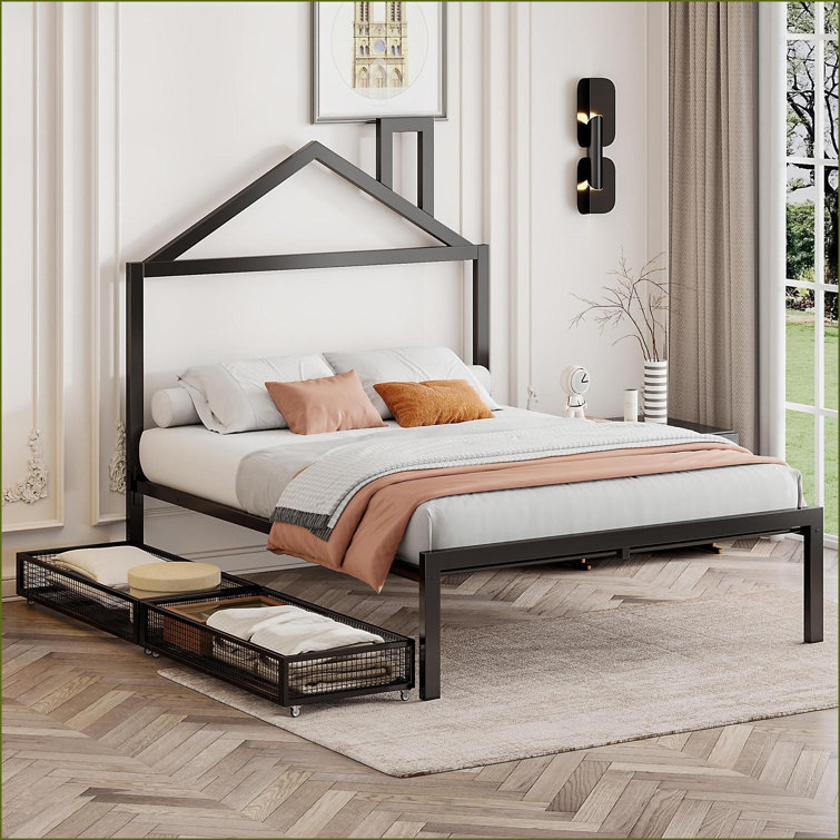 Latitude Run® Full Size Metal Platform Bed Frame with House Headboard ...