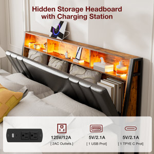 Ivy Bronx Hidden Storage Headboard With Charging Station, Ergonomic ...