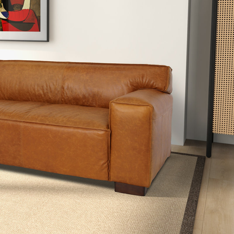 Hokku Designs DeSylvia Mid-Century Modern Genuine Leather 3-Seater Sofa ...