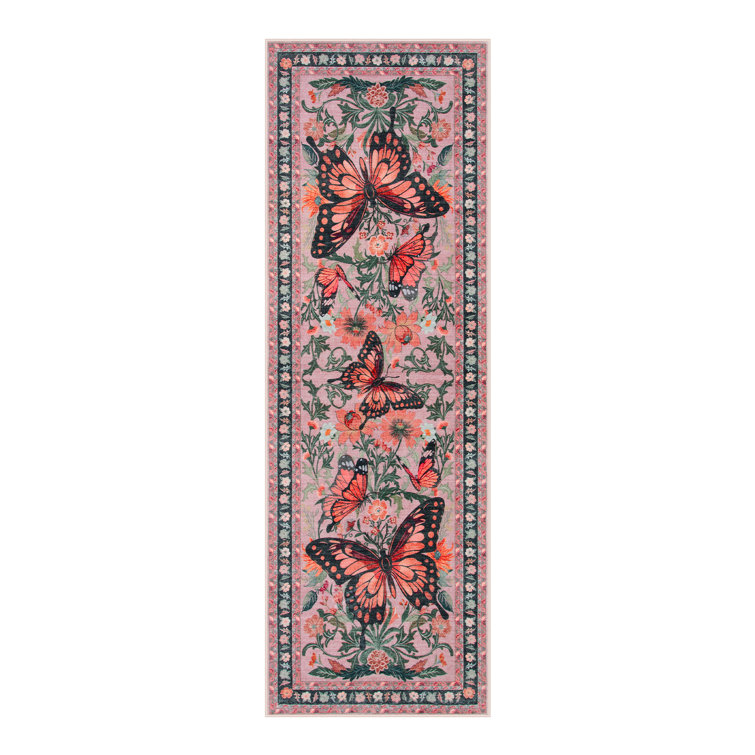 Rosalind Wheeler Washable Maximalist Floral Butterfly Rug – Non-Slip ...