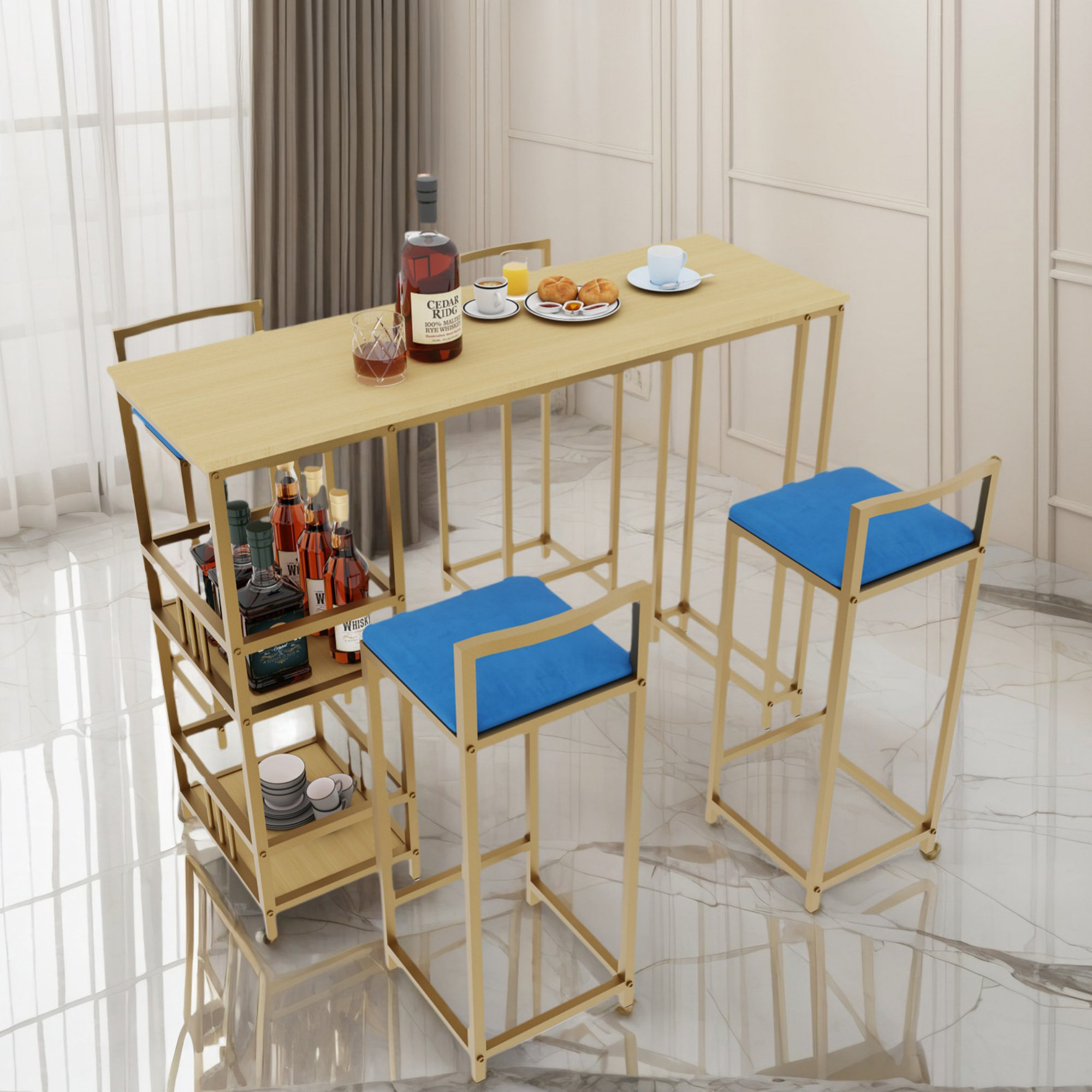 Mercer41 Bar Table And Chair Set With Gold Frame And Multi-Layer ...