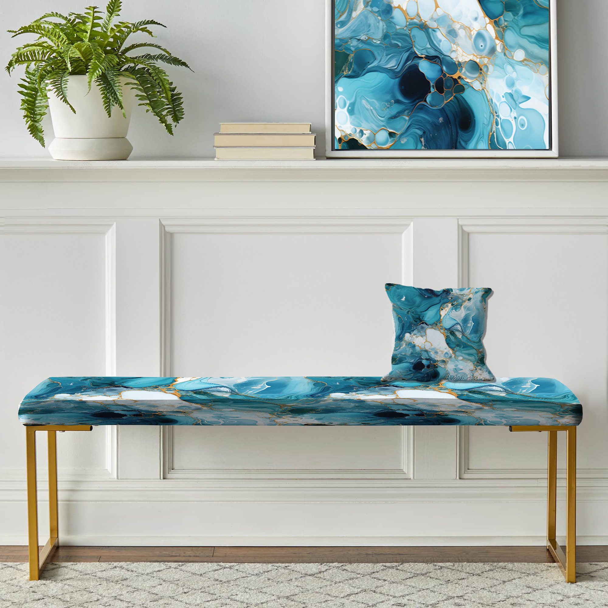 Design Art Blue White Oceanic Allure Marble Pattern - Marble Upholstered Gold Bench - Wayfair Canada