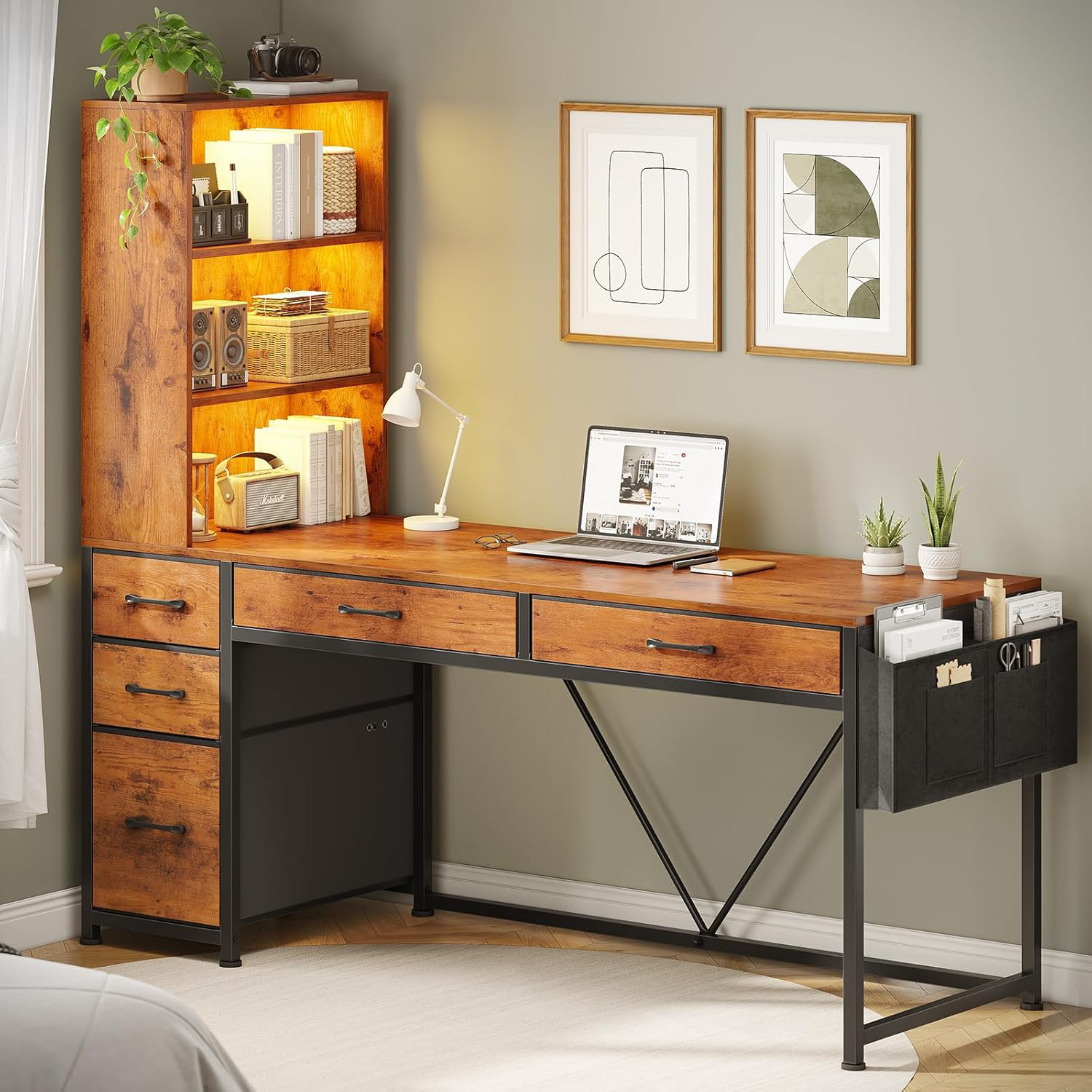 17 Stories Barbarino Computer Desk With 5 Drawers And Bookshelf Led ...