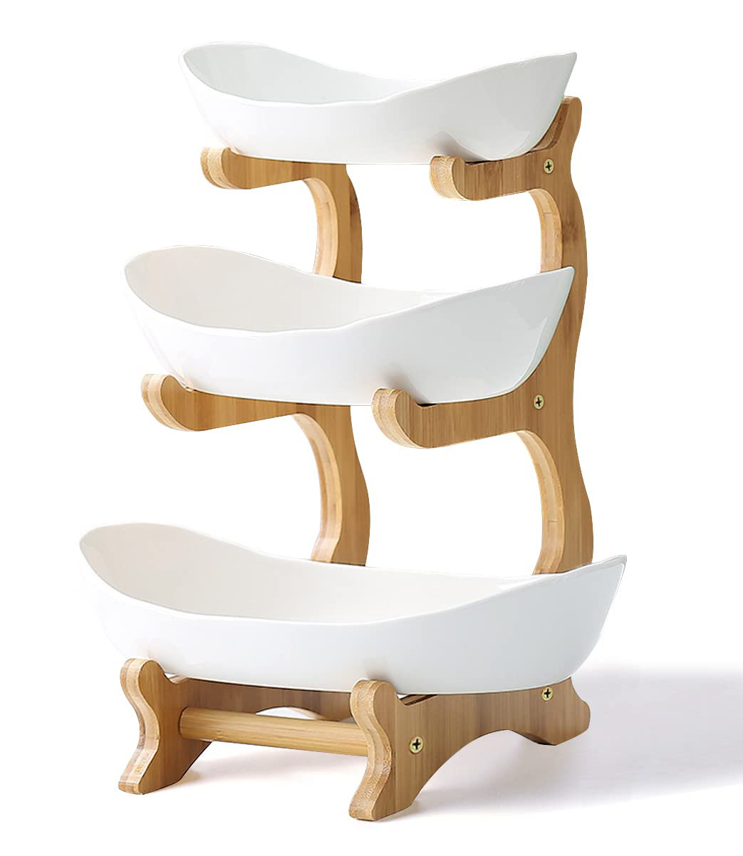 One Allium Way® Large 3 Tier Ceramic Fruit Bowl With Bamboo Wood Stand ...