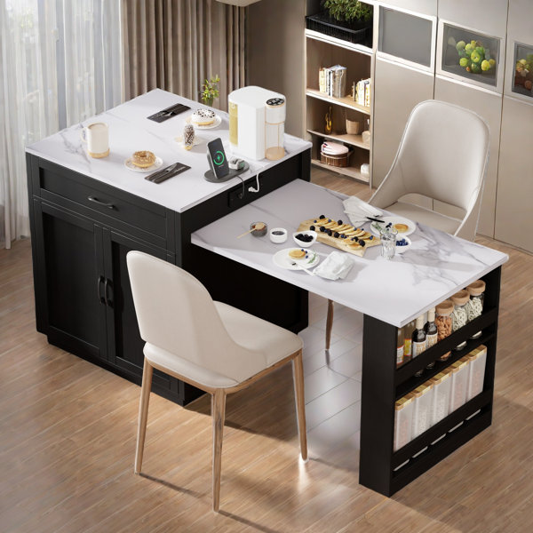 Latitude Run® Kitchen Island With Extendable Dining Table, Power Outlet ...
