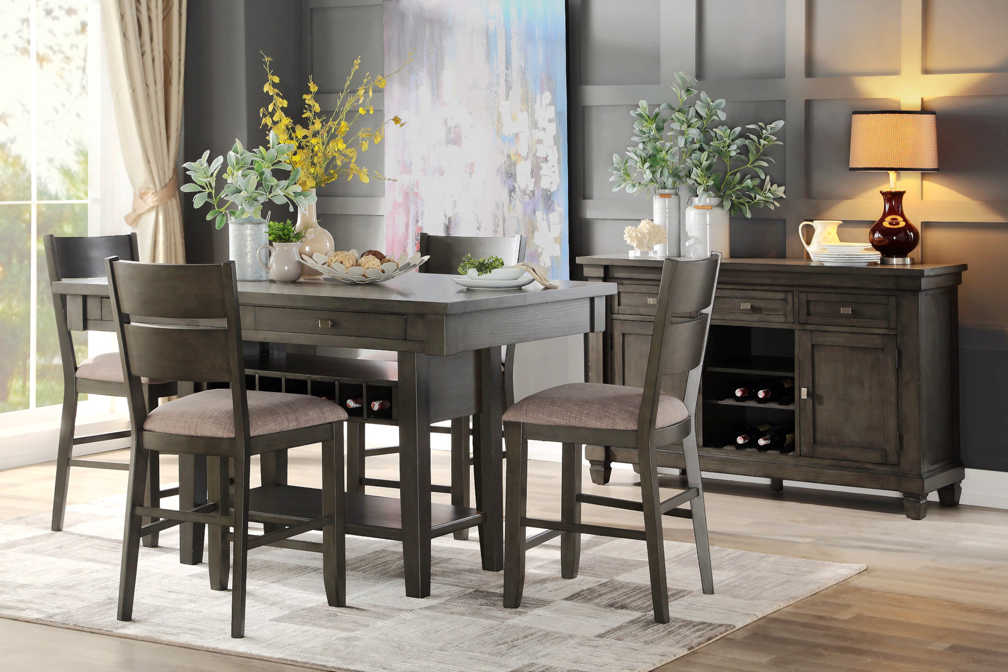 Hokku Designs Counter Height 7Pc Dining Set Grey Finish Dining Table W ...