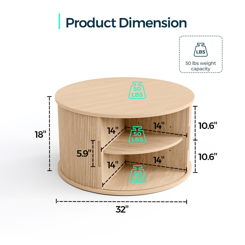 George Oliver Leathia Fluted Coffee Table Round With Large Storage ...