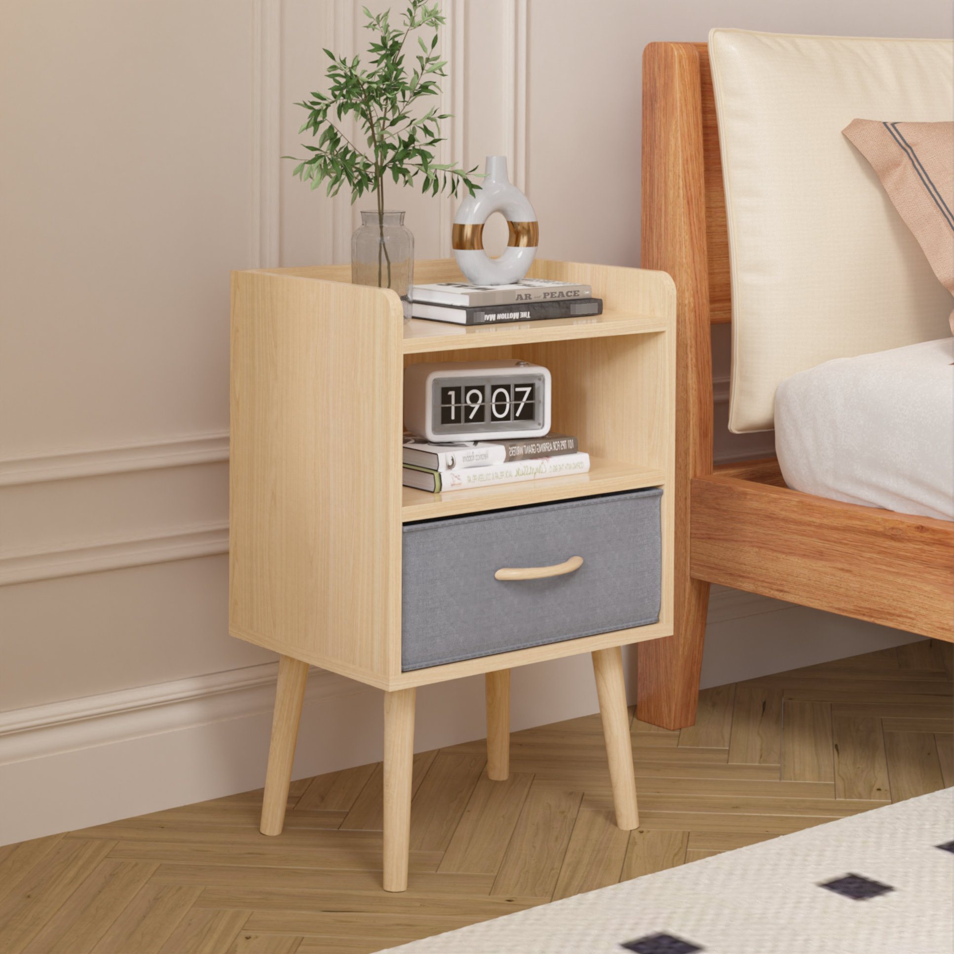Ebern Designs Nightstand With 2 Storage And Collapsible Fabric Drawer ...