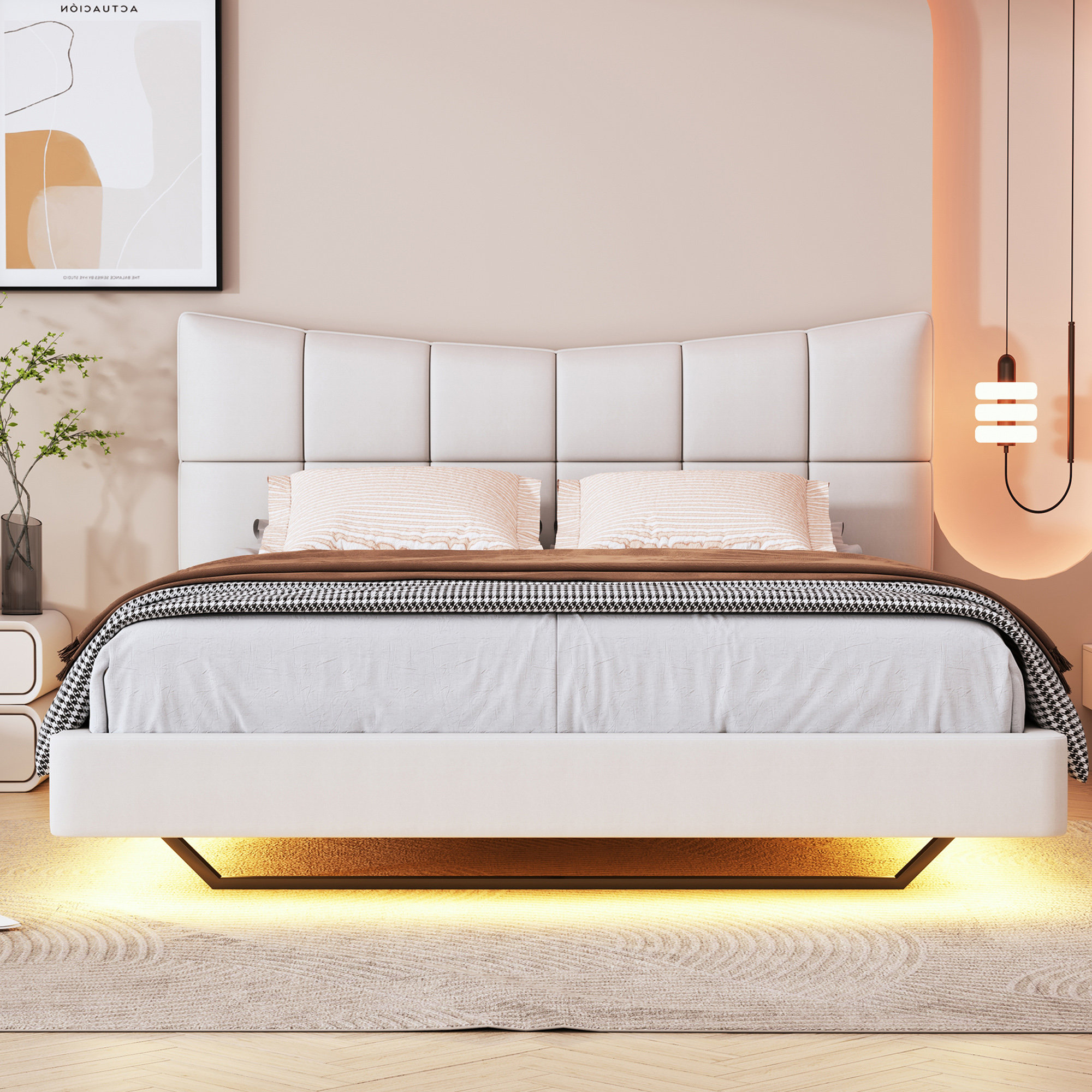 Wrought Studio™ Full Size Upholstered Platform Bed With LED Lights,USB ...