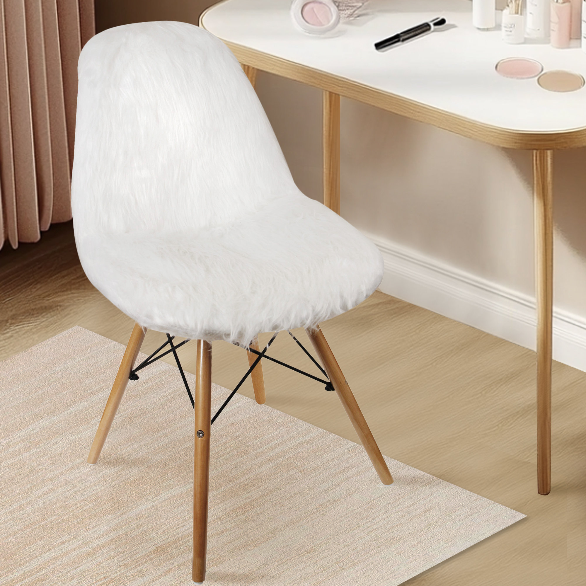 Corrigan Studio® Briggs Faux Fur Fluffy Vanity Chair With Wood Legs ...