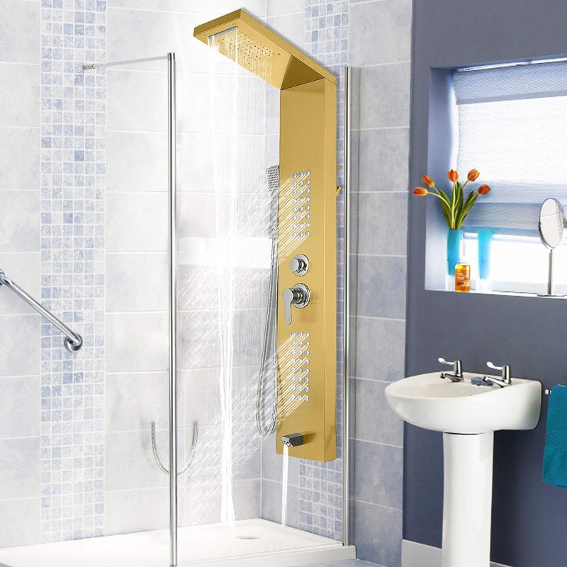 HIGEMZ Multi-Function Shower Panel with Spout Rainfall Waterfall Massage Jets Tub Spout Hand ...