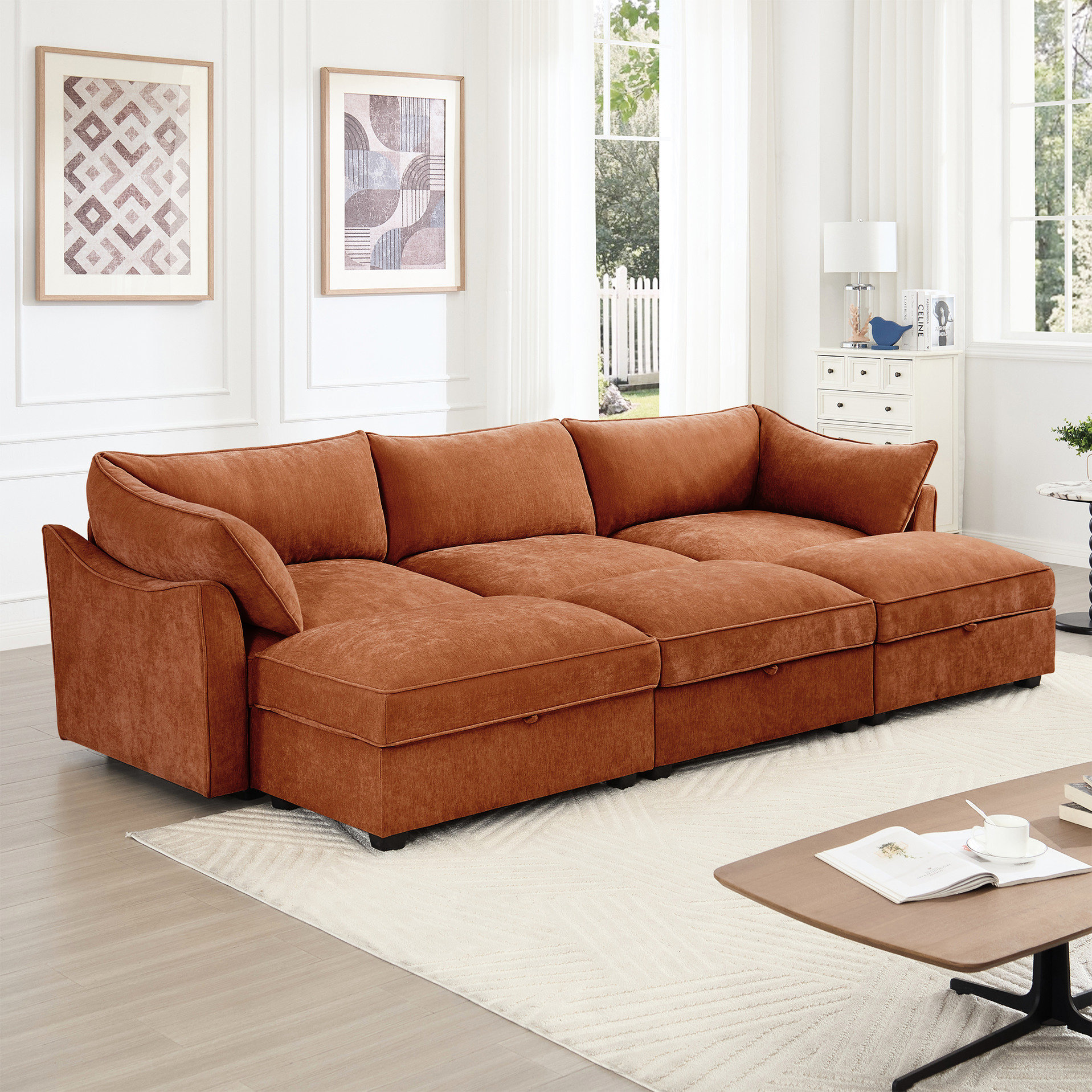 Latitude Run® 3 Seater With Ottomans, Orange Modular Chenille For ...