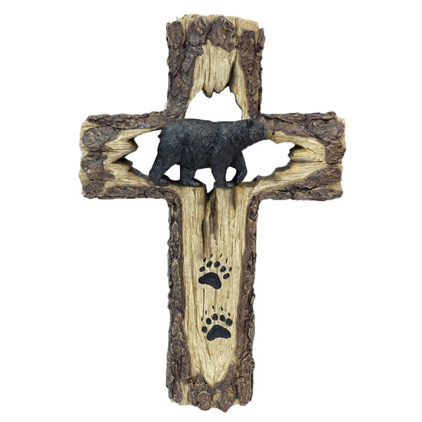 Millwood Pines Polyresin Faux Tree Bark Cross with Black Bear Rustic ...