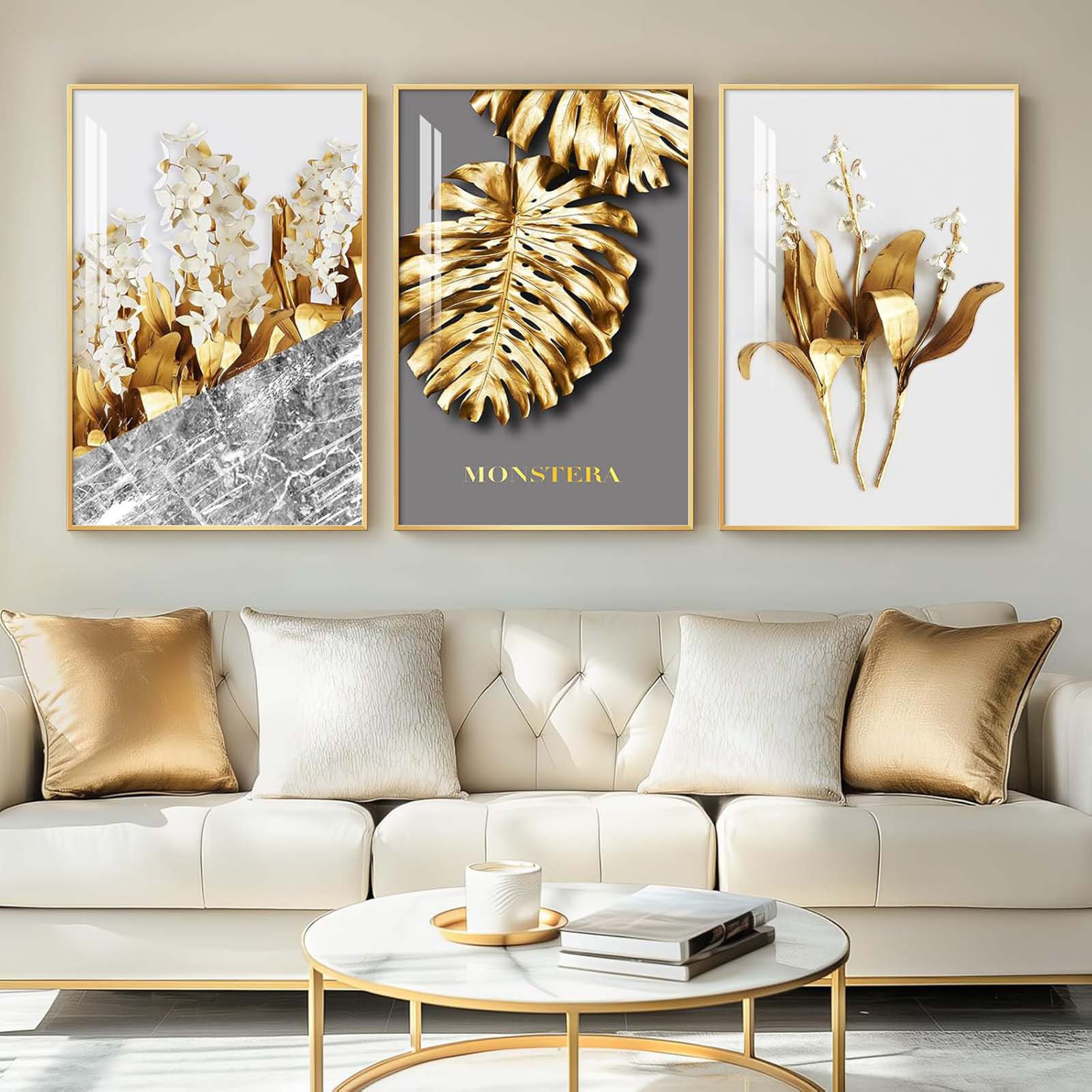 NEUTRALPOSTURE Framed Modern Luxury Gold Wall Art For Living Room, Set ...