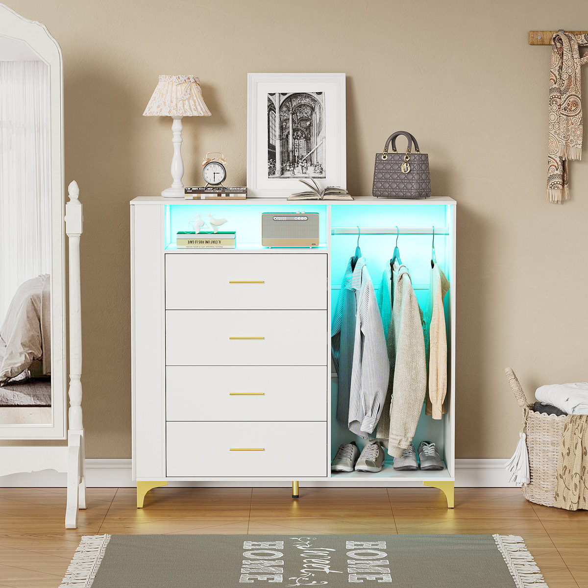 Wrought Studio™ 4 Drawer Dresser with Clothing Rack and Jewelry Cabinet ...