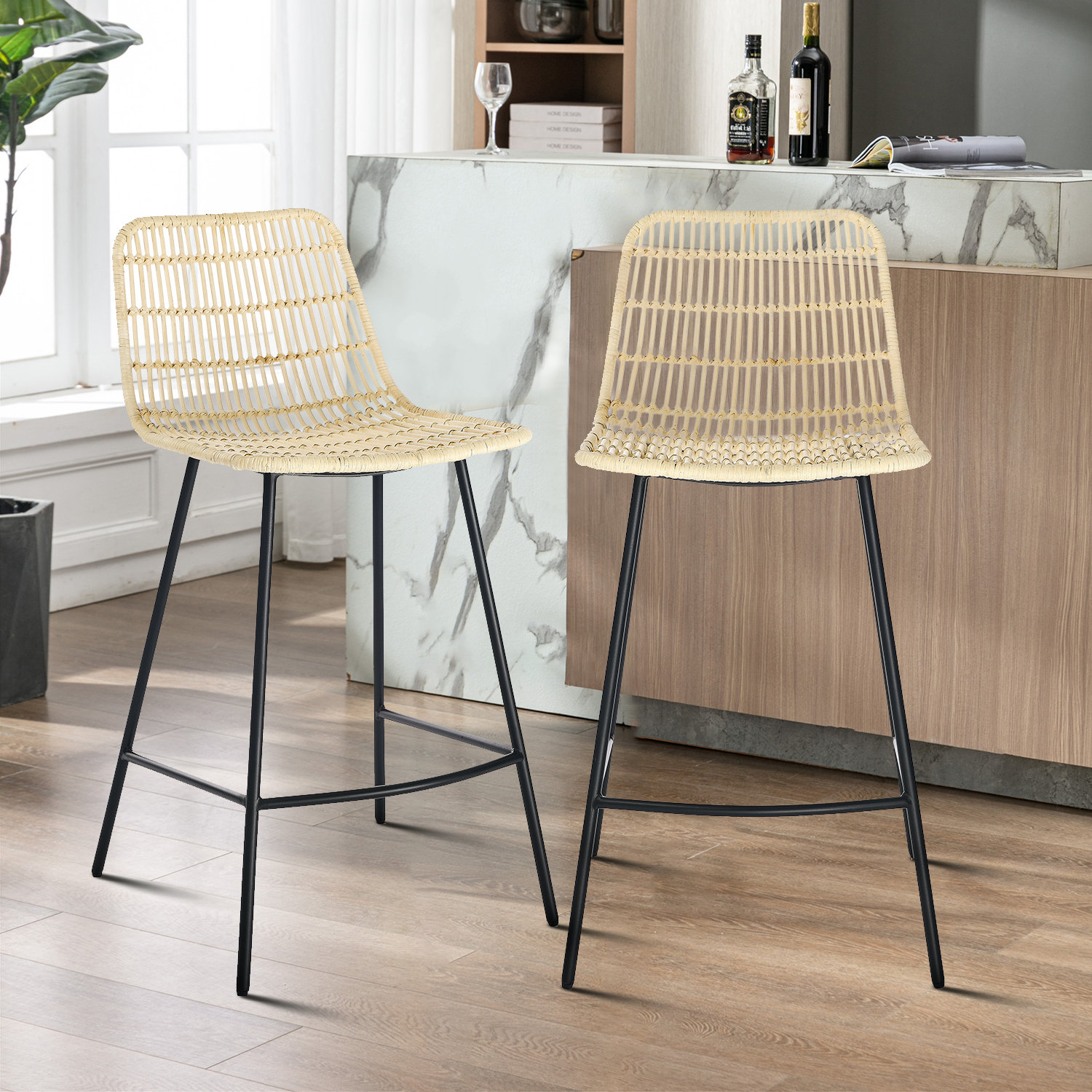 Bayou Breeze Rattan Bar Chair Counter Height Dining Chairs With ...